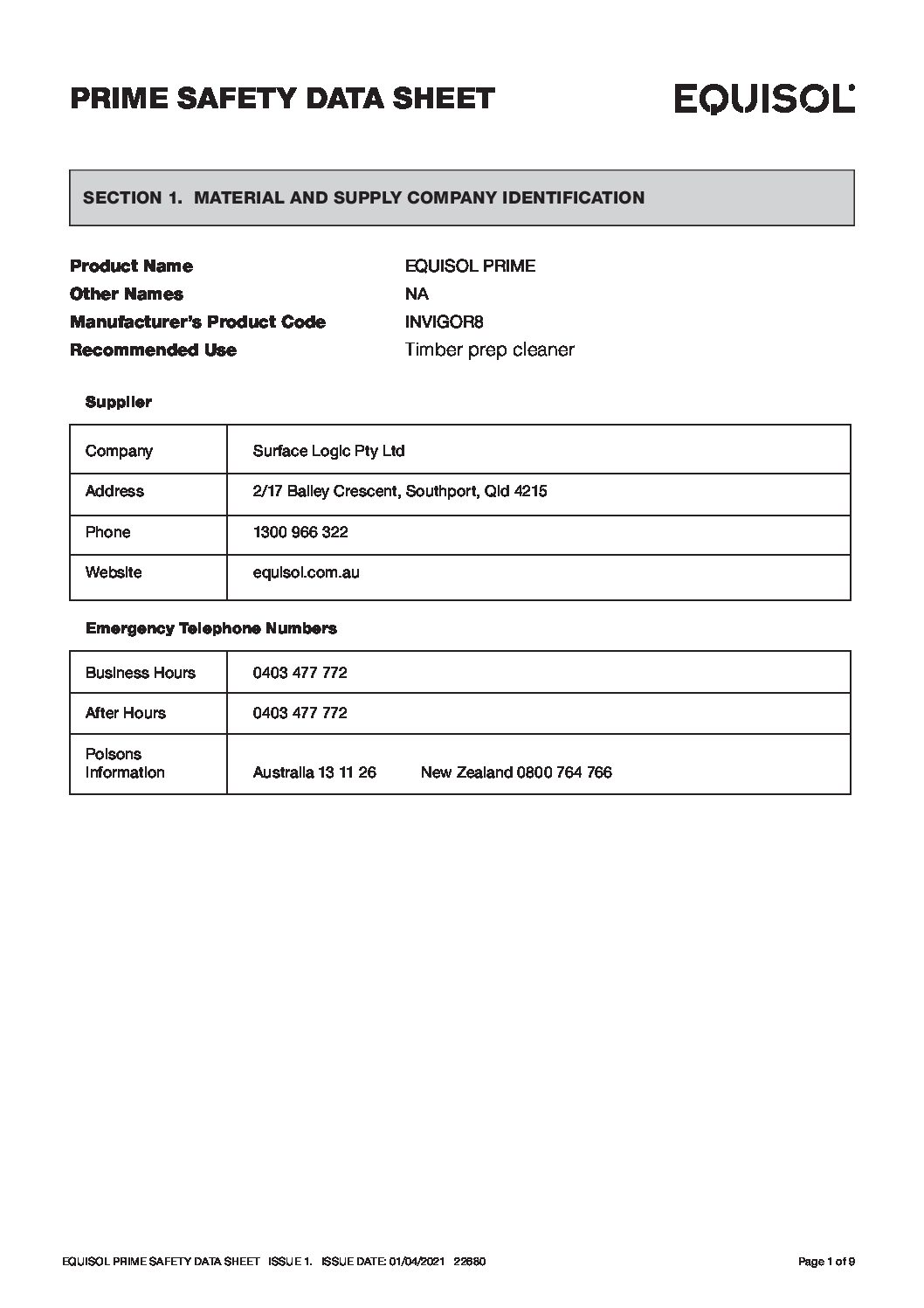 Equisol Prime Safety Data Sheet | Equisol