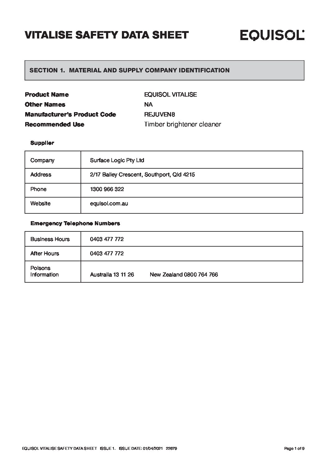 Equisol Vitalise Safety Data Sheet | Equisol