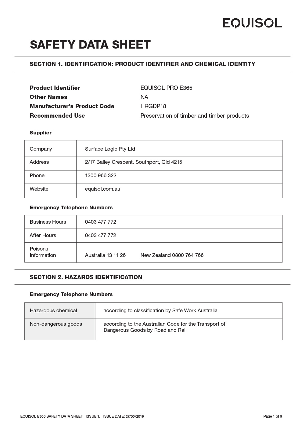 Equisol Pro E365 Safety Data Sheet | Equisol